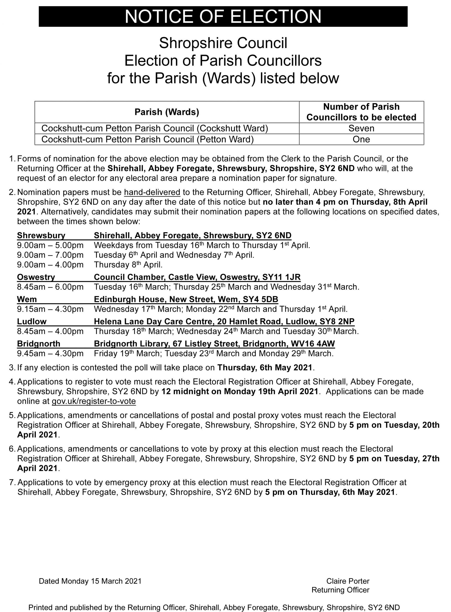 Notice of Parish Election 2021 – cockshuttcumpetton-pc.gov.uk